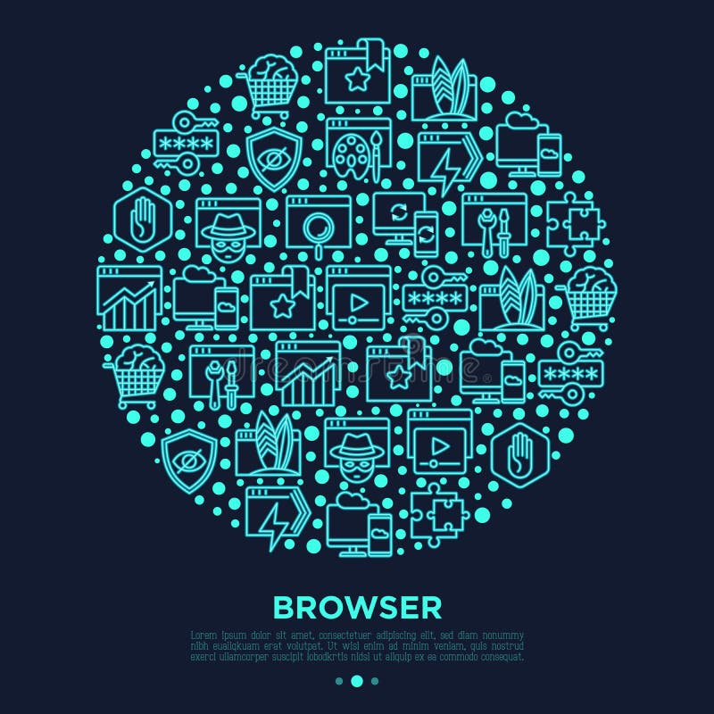 Browser Concept in Circle with Thin Line Neon Icons: Add-ons, Extension ...