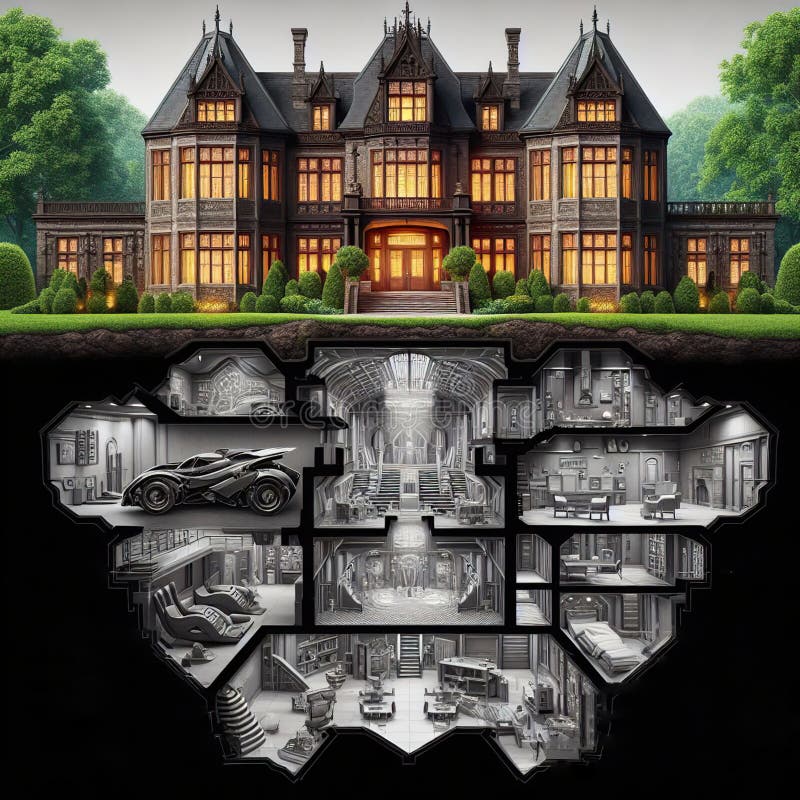 Bruce Wayne Manor and Below an X-ray Vision of the Batman Batcave ...