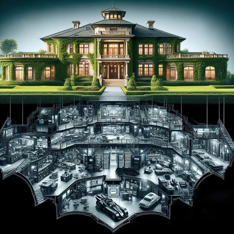 Bruce Wayne Manor and Below an X-ray Vision of the Batman Batcave ...