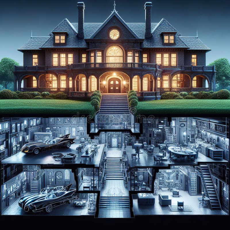 Bruce Wayne Manor and Below an X-ray Vision of the Batman Batcave ...
