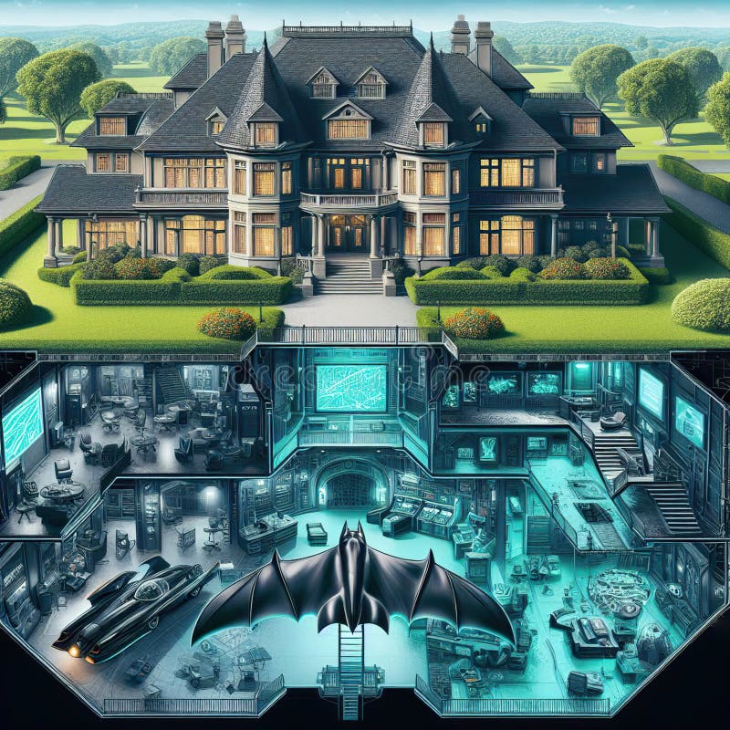 Bruce Wayne Manor Et Sous Une Vision Xray De La Batman Batcave ...