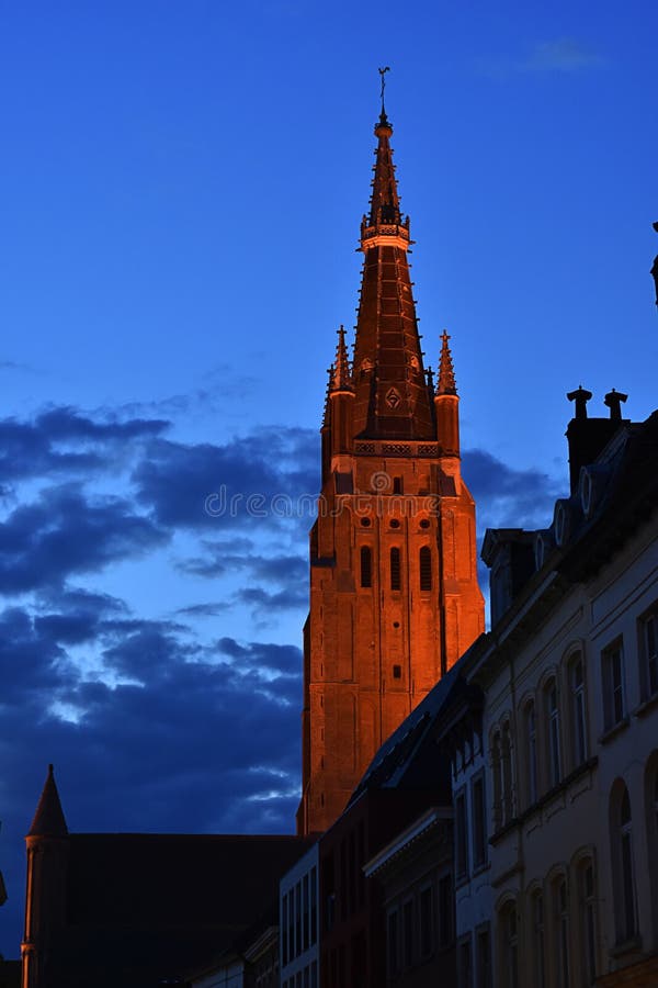 Bruges sunset tower stock image. Image of house, monument - 82373789