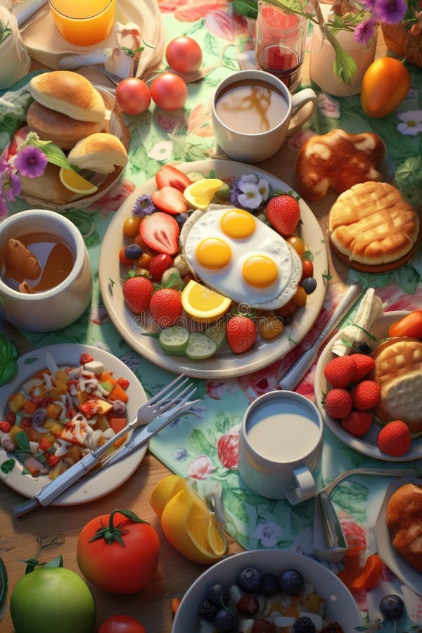 Brunch Food on Plates and Drink on Table, Created Using Generative Ai ...