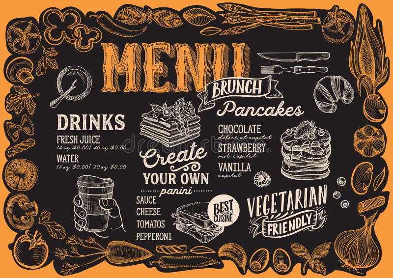 Brunch Menu Template for Restaurant on a Blackboard Background Vector ...