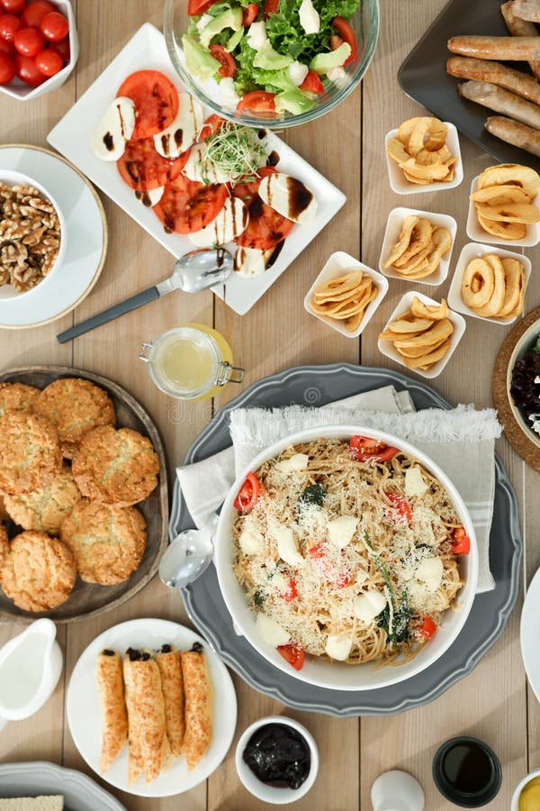 Brunch Table Setting with Different Delicious Food, Flat Lay Stock ...
