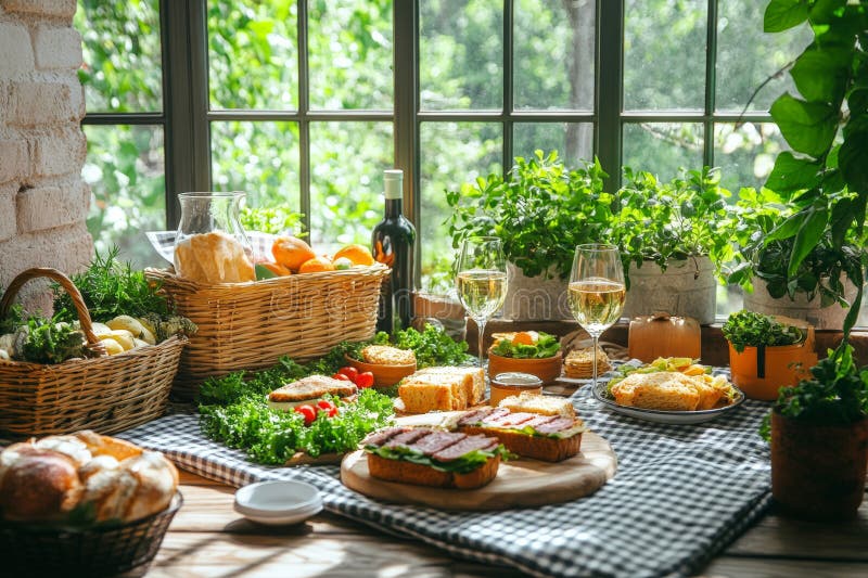 A Brunch Table with Wine, Sandwiches, Vegetables, and Bread, Surrounded ...