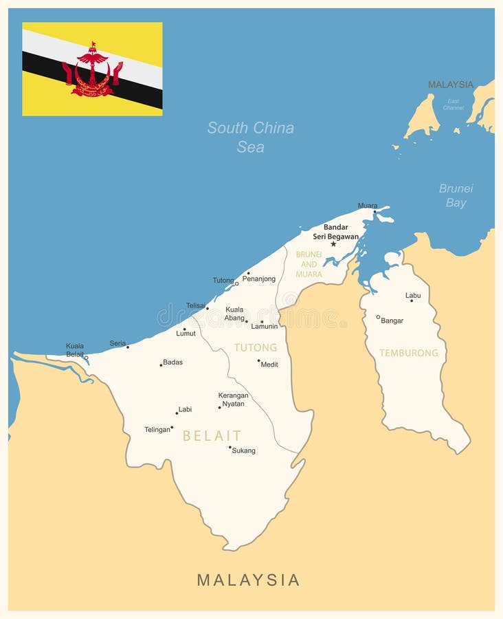 Brunei - Detailed Map with Administrative Divisions and Country Flag ...