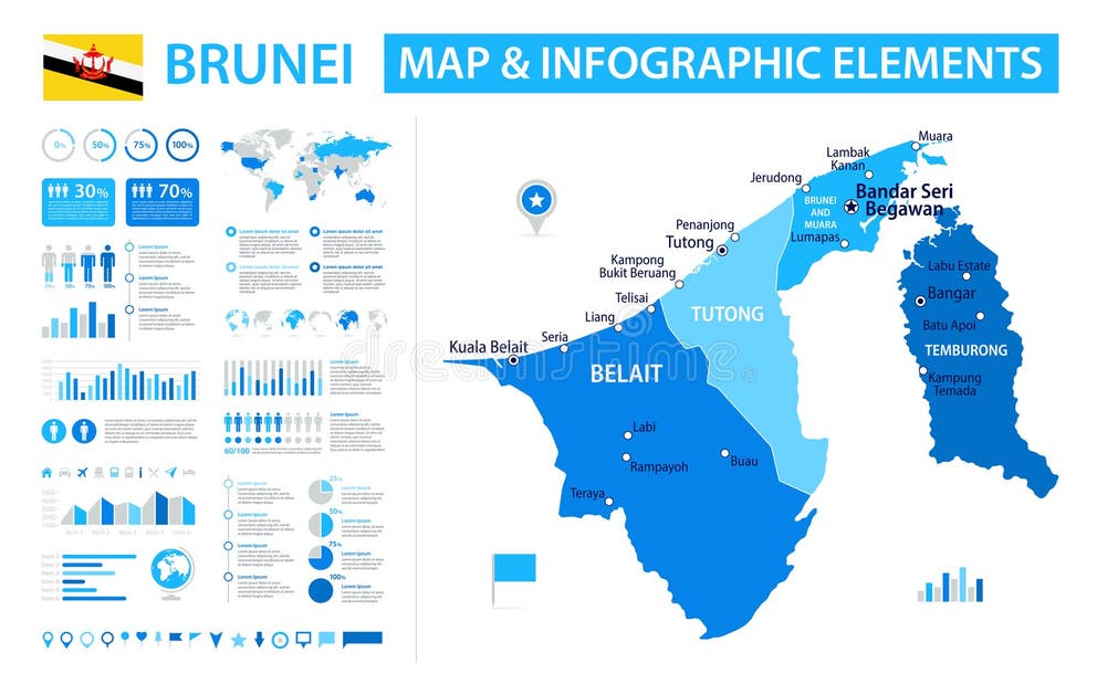 Brunei Infographic Map with Data Visualization Elements - Vector Map of ...