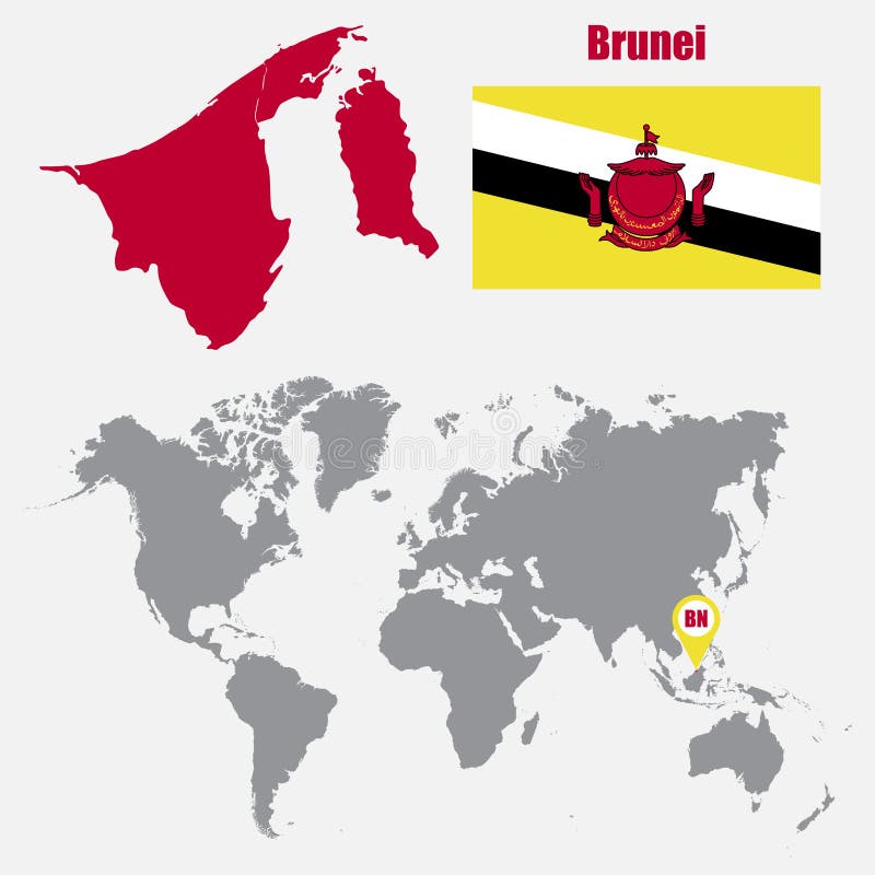 Brunei Map on a World Map with Flag and Map Pointer. Vector ...