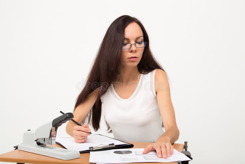 Brunette Business Lady Look at Papers Stock Image - Image of office ...