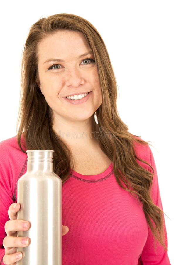 Brunette Female Model Holding Stainless Steel Water Bottle Smiling