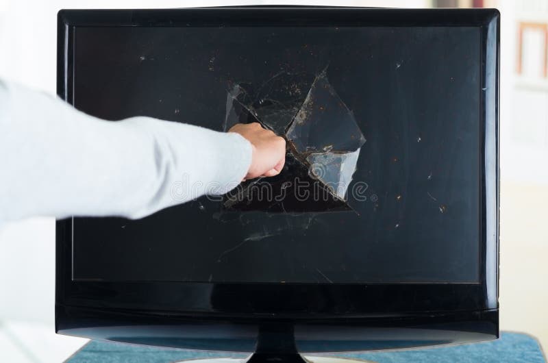 Brunette Female Punching Fist into Broken Computer Stock Photo - Image ...