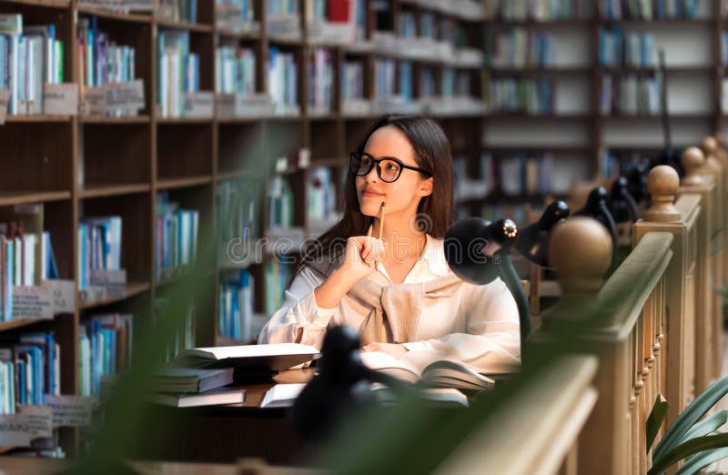 Female Student Study in Library Stock Photo - Image of homework ...