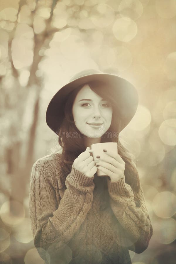 Brunette Girl with Cup in the Park Stock Photo - Image of nice, cute ...