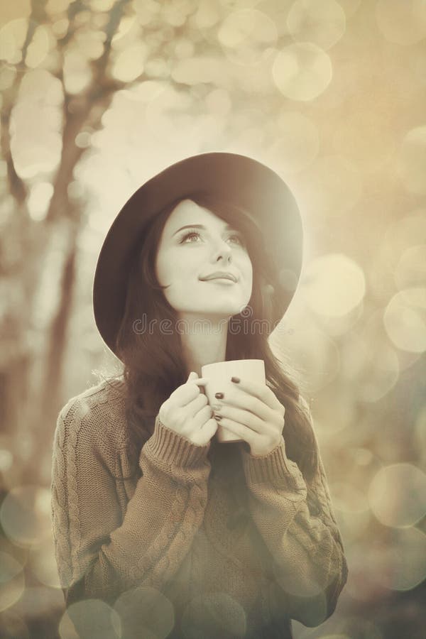 Brunette Girl with Cup in the Park Stock Image - Image of human, beauty ...