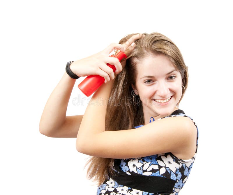 Brunette Girl with Hair Spray Stock Image - Image of bottle, care: 15364281