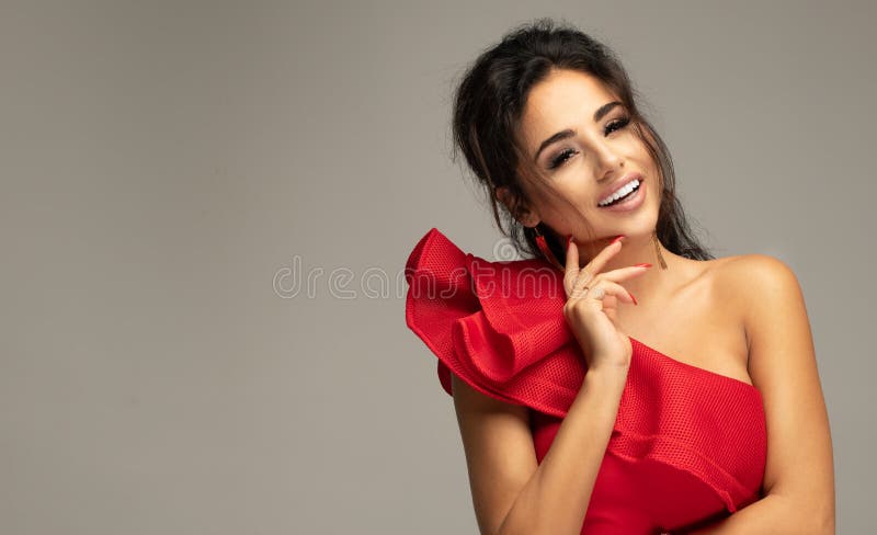 Brunette girl in red body stock image. Image of beauty - 137445129