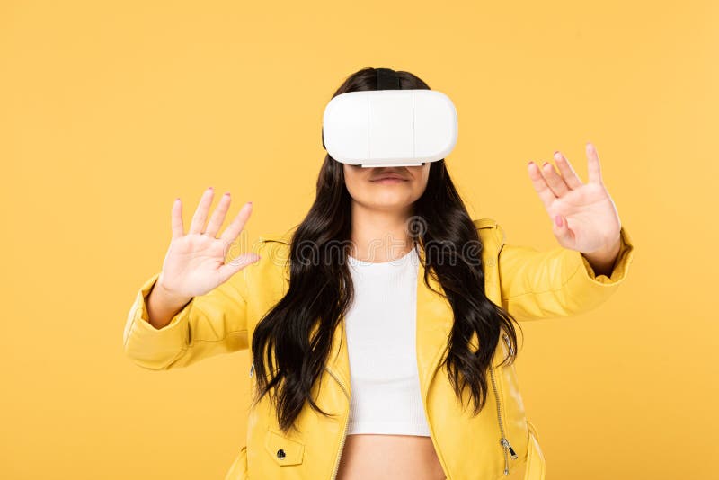 Girl Using Vr Headset, Isolated on Yellow Stock Photo - Image of ...