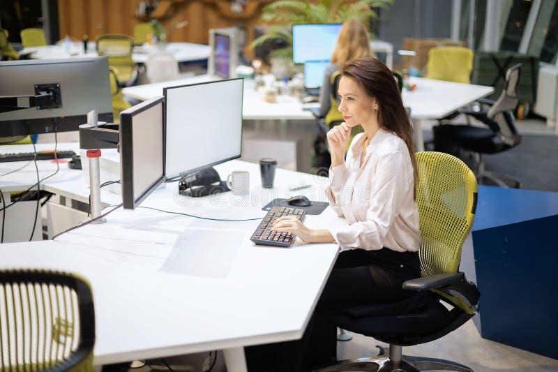 Brunette Haired Businesswoman Sitting at the Office and Using Computer ...