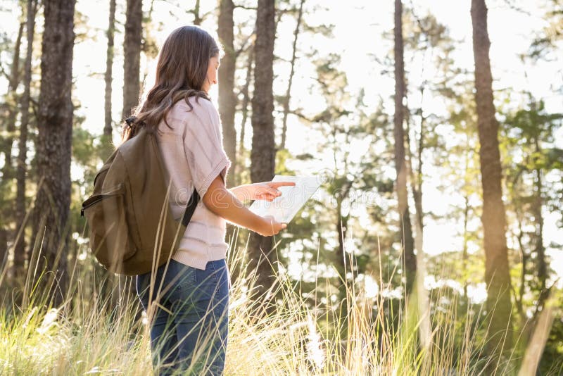 Brunette hiker reading map stock photo. Image of discovering - 58193270