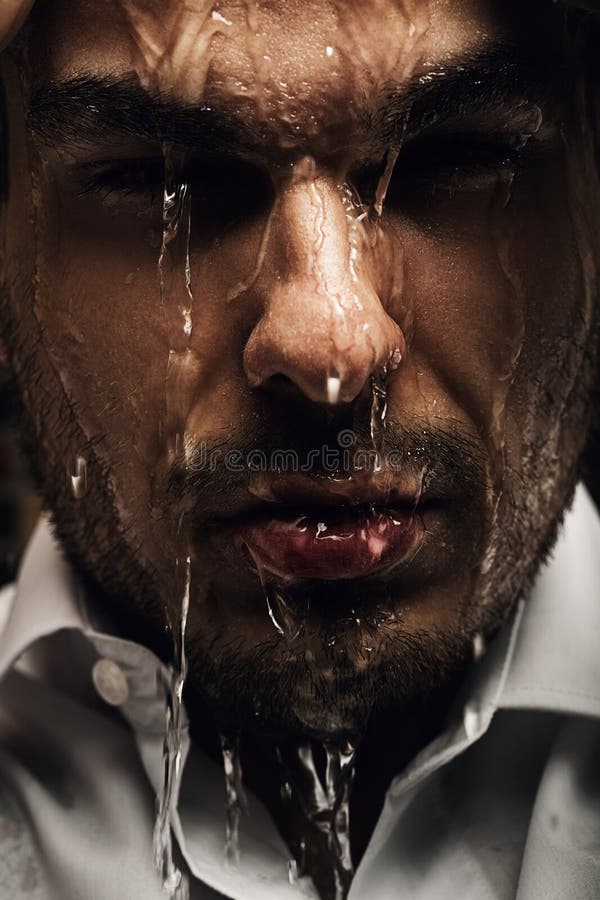 Brunette Man with Flowing Water on Face Stock Image - Image of ...