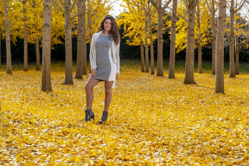 Brunette Model in Fall Foliage Stock Photo - Image of happy, fall ...