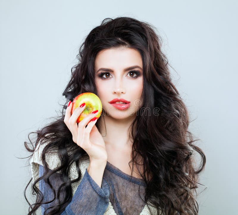 Brunette Model Woman with Apple Fruit Stock Photo - Image of medicine ...
