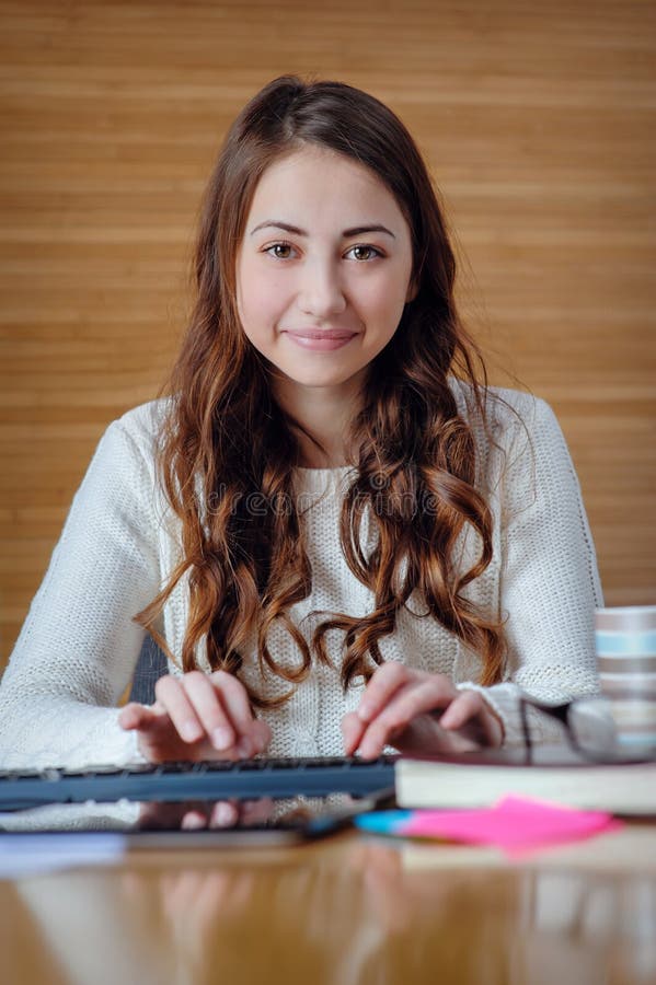 Brunette in the Office Working on the Computer Stock Image - Image of ...