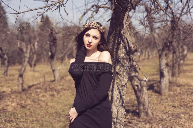 Brunette in a Spring Apple Orchard Stock Photo - Image of branches ...