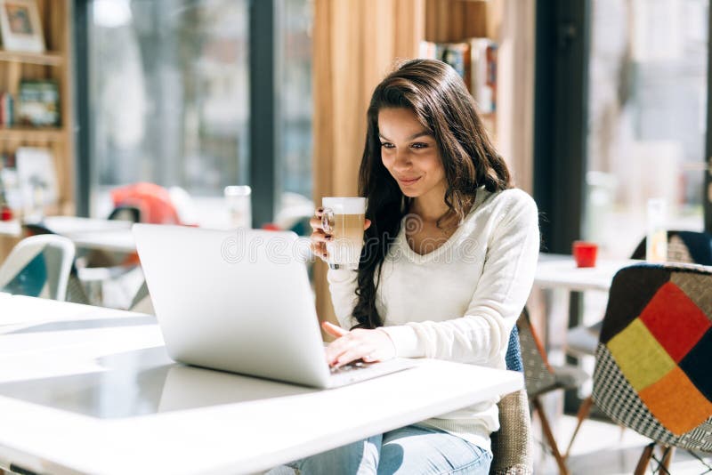 Brunette Studying and Enjoying Coffee Stock Image - Image of student ...