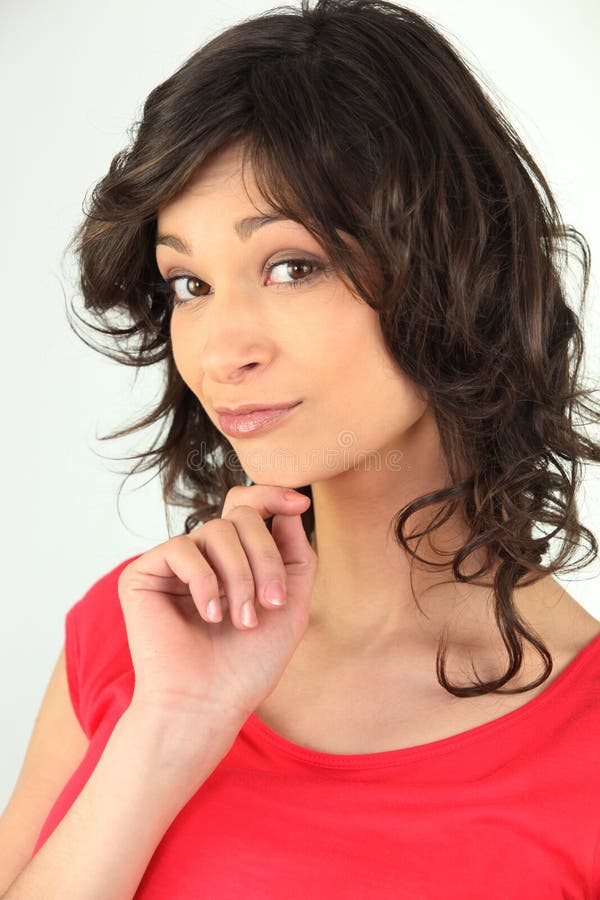 Brunette touching chin stock photo. Image of pretty, shot - 35387254