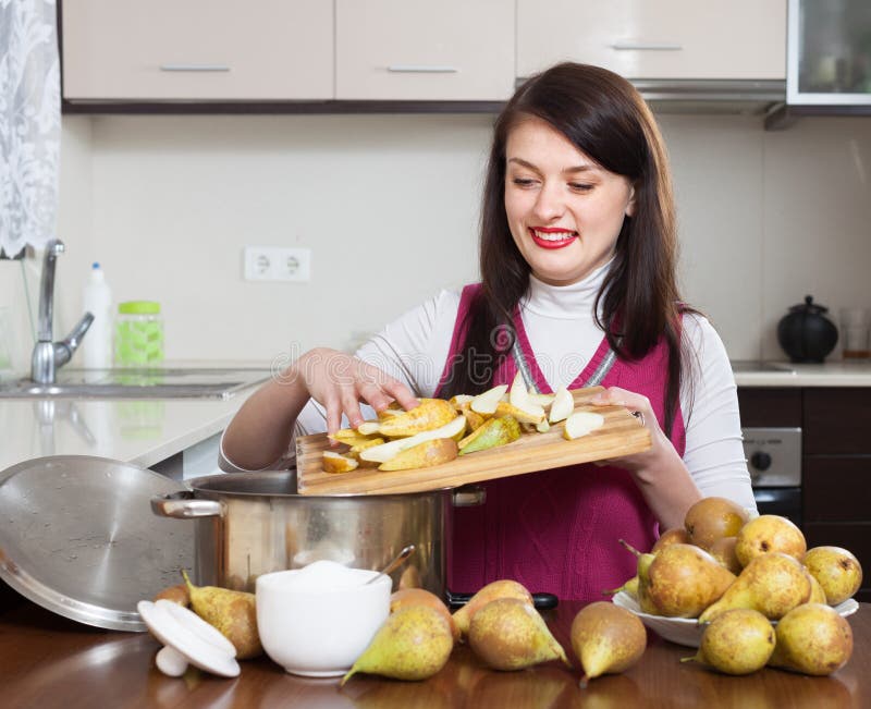 Brunette Woman Cooking Pear Jam Stock Image - Image of homemade ...
