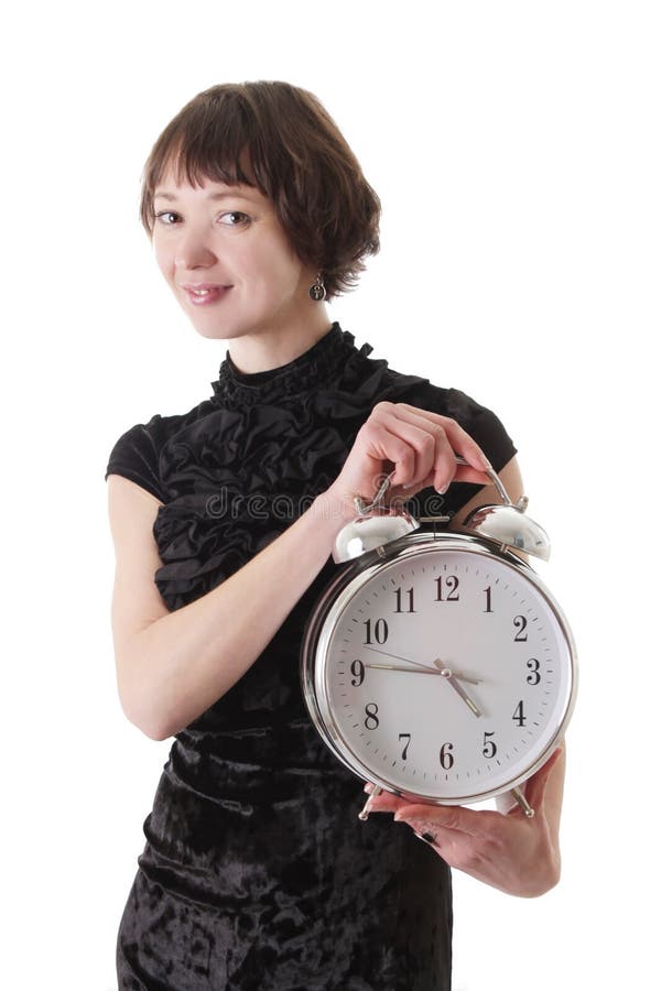 Brunette Woman in Dress Holding Clock Stock Photo - Image of portrait ...
