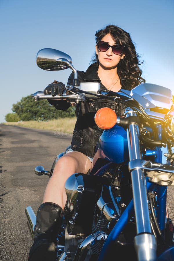 Brunette Woman in Glasses Sitting on the Chopper Stock Image - Image of ...