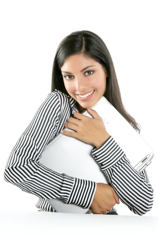 Brunette Woman Hug Laptop Computer Stock Image - Image of female ...