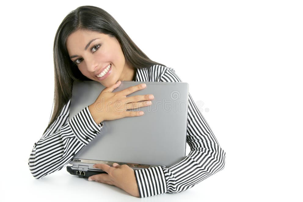 Brunette Woman Hug Laptop Computer Stock Image - Image of brunette ...