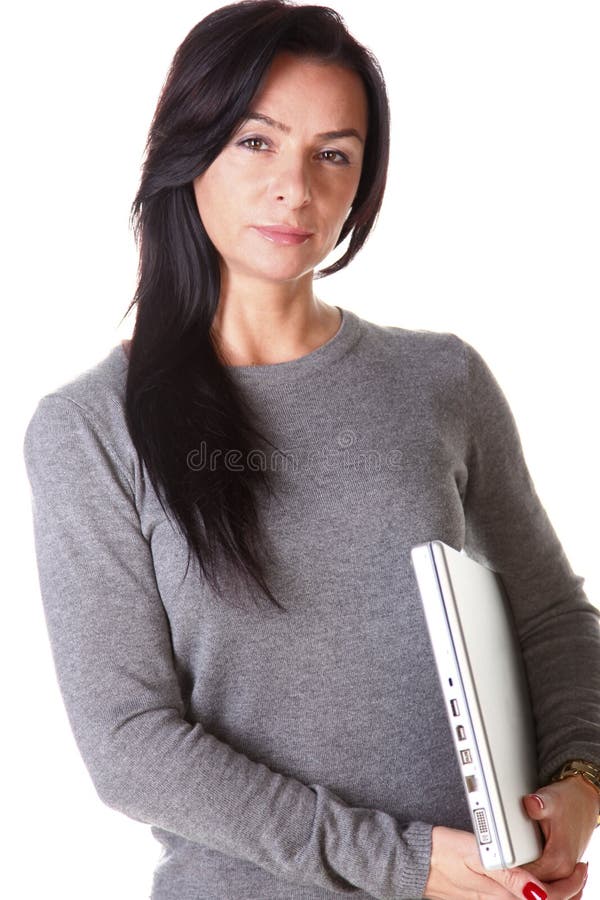 Brunette Woman Hug Laptop Computer Stock Image - Image of model, black ...