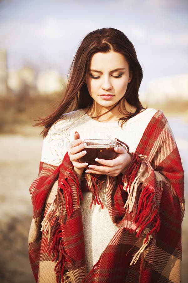 Brunette Woman Outdoors in Check Pattern Plaid Smiling Stock Photo ...