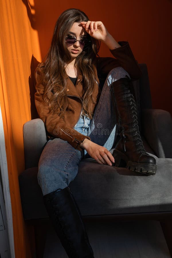 Brunette Woman in Sunset Light in the Room Stock Photo - Image of ...