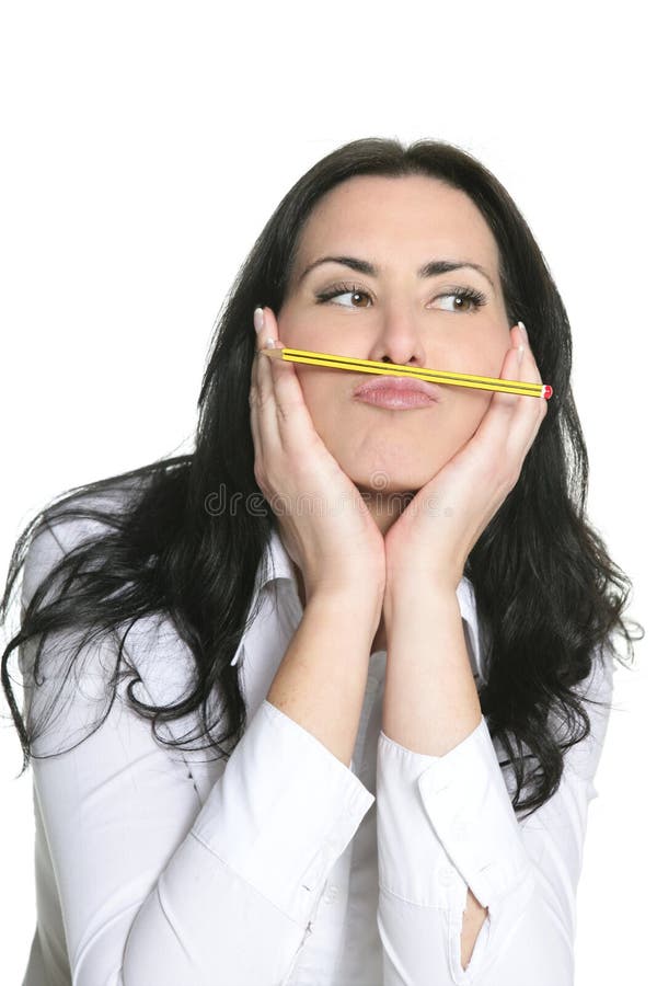 Brunette Woman Thinking with Pencil Stock Image - Image of human ...