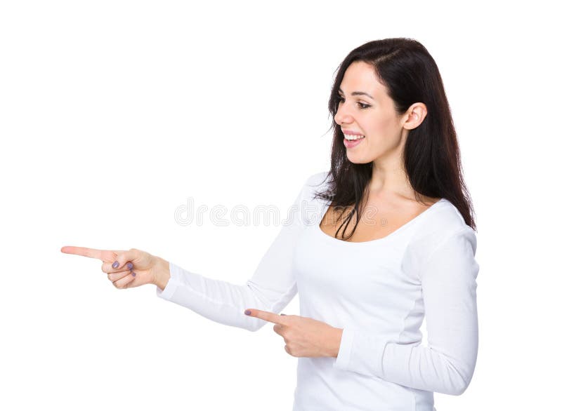 Brunette Woman with Two Finger Point Aside Stock Photo - Image of ...