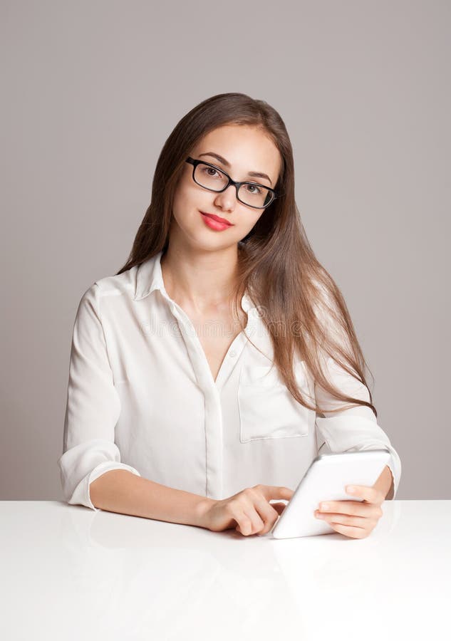 Brunette Woman Using Tablet Computer. Stock Photo - Image of camera ...