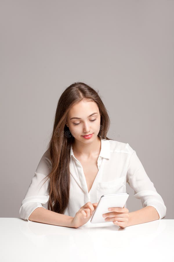Brunette Woman Using Tablet Computer. Stock Image - Image of computer ...