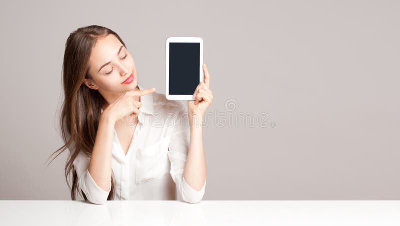 Brunette Woman Using Tablet Computer. Stock Image - Image of asian ...