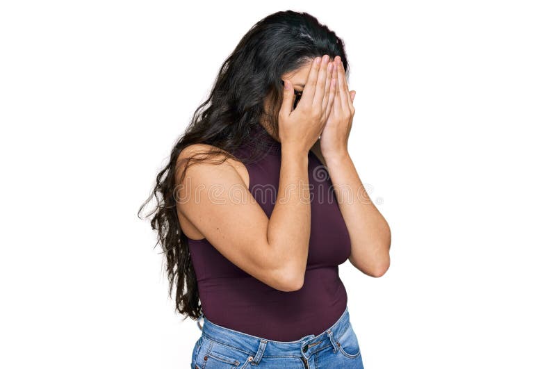 Brunette Young Woman Wearing Casual Clothes And Glasses With Sad