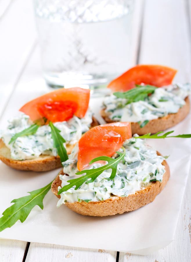 Bruschetta with Cheese and Rocket Spread Stock Photo - Image of snack ...