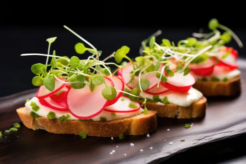 Bruschetta with Radish and Micro Green Garnish Stock Image - Image of ...