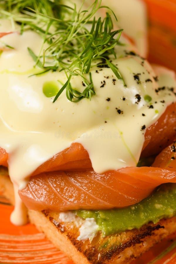 Bruschetta with Red Fish and Eggs Benedict Stock Image - Image of ...