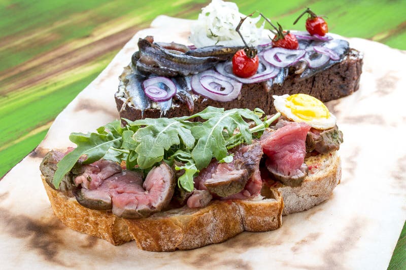 Bruschetta with Roast Beef and Sprat Stock Photo - Image of restaurant ...