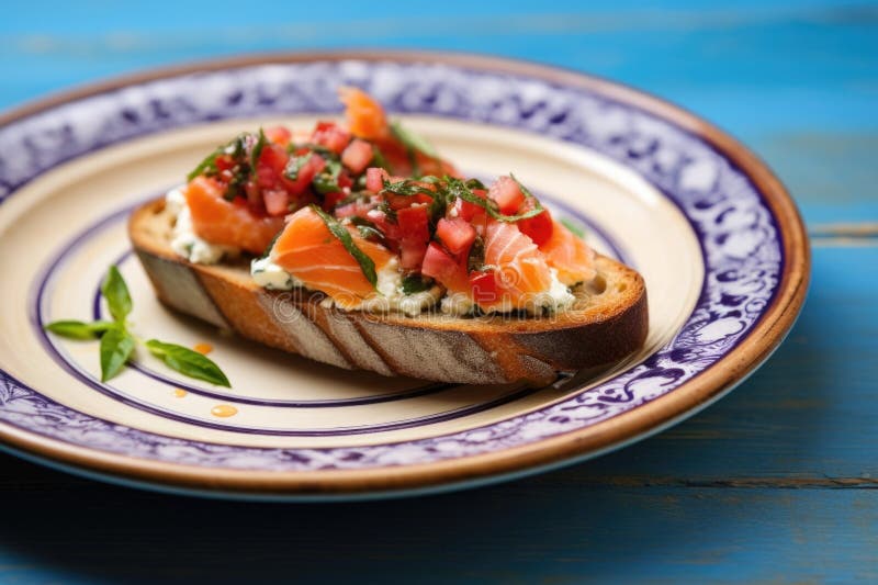 Bruschetta with Salmon Slice on a Light Blue Dish Stock Image - Image ...